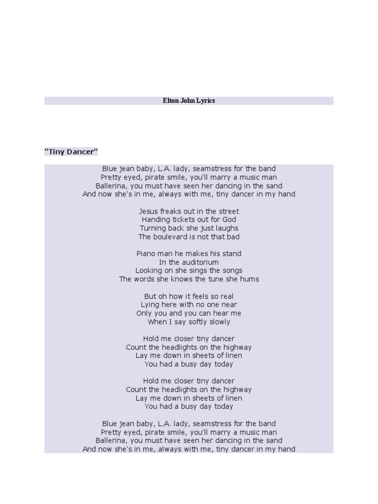 Elton John Lyrics Pdf