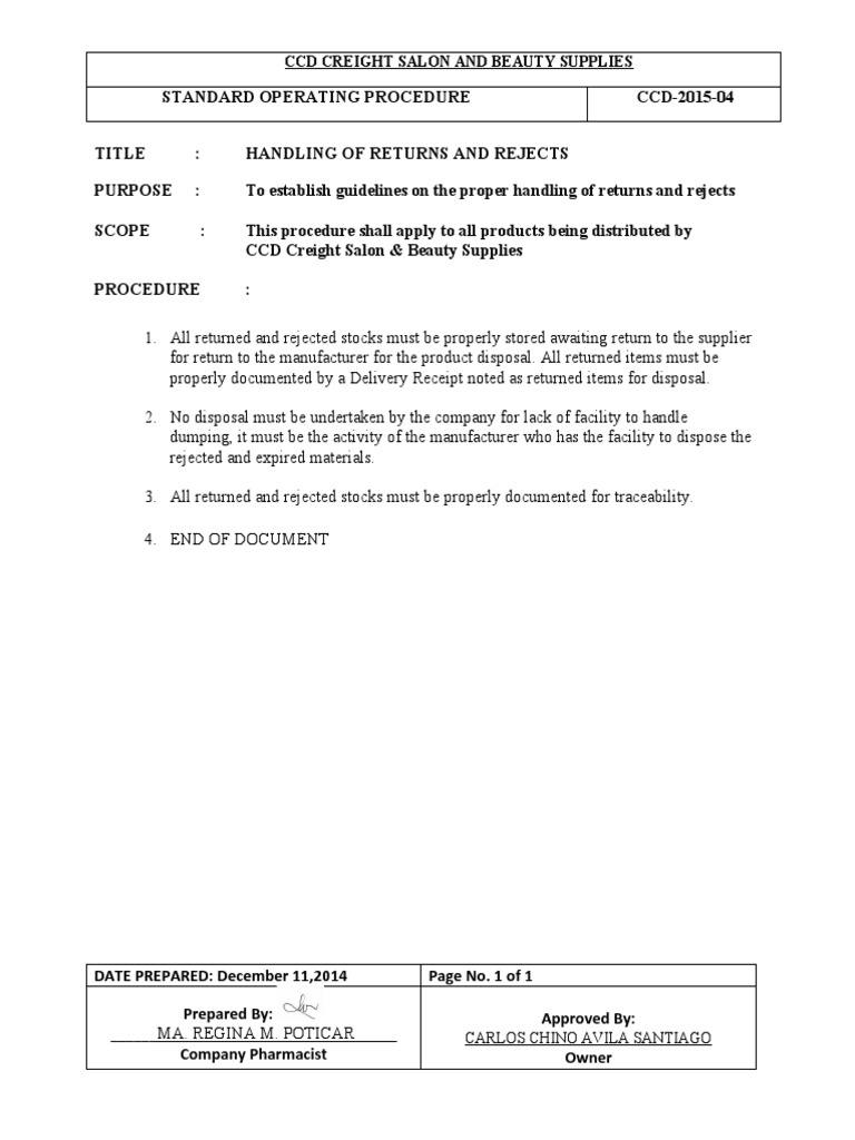 Returns and Rejects Handling SOP | PDF