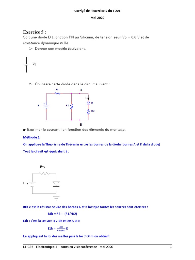 TD 01 Diode - À - Jonction - Pn-Corrigé-Exe5-1-4 PDF | PDF | Résistance (électricité) | Diode
