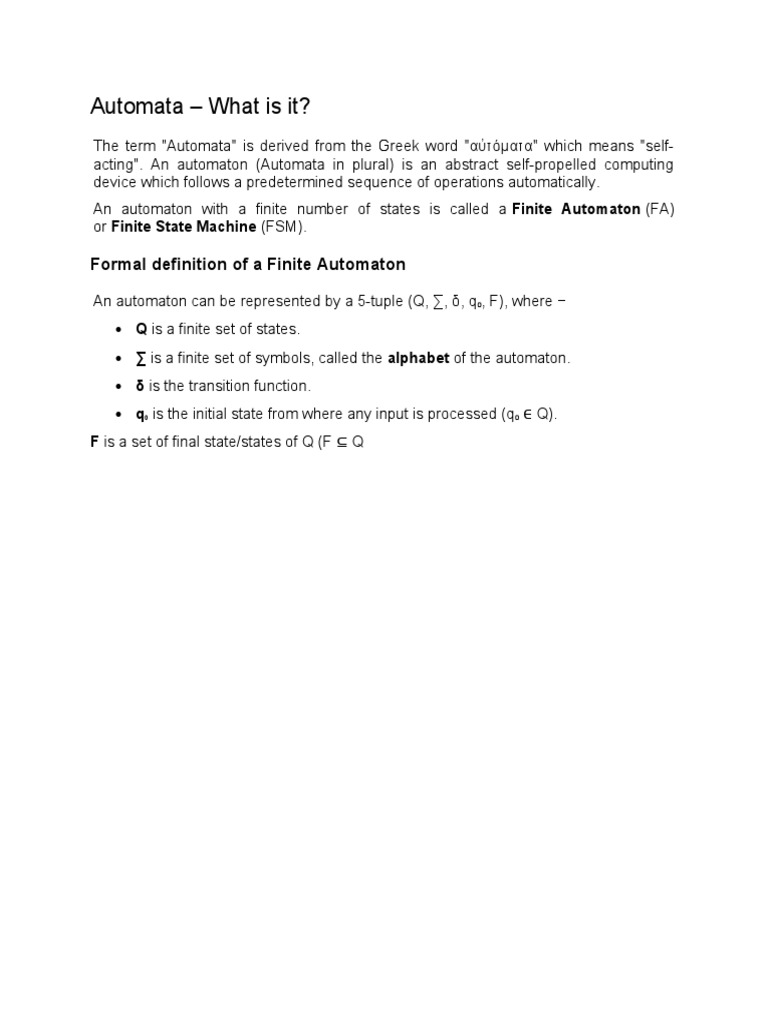 Automata - What Is It?: Formal Definition of A Finite Automaton | PDF