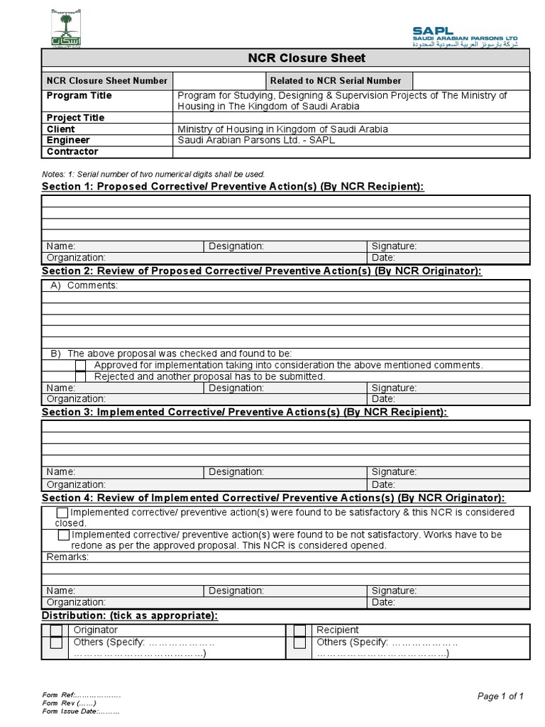 NCR Closure Sheet: Program Title Project Title Client Engineer ...