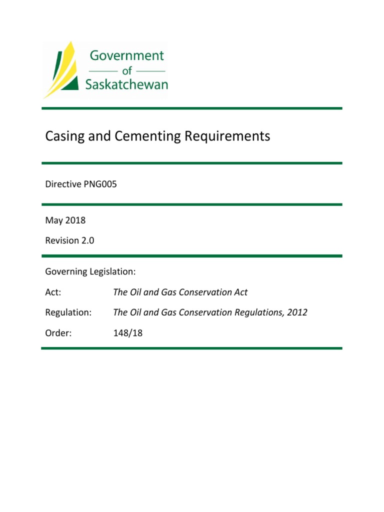 Casing and Cementing Requirements: Directive PNG005 | PDF | Casing (Borehole) | Drilling Rig