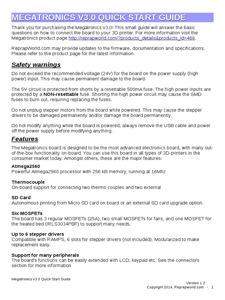 Megatronics V3.0 Quick Start Guide | PDF | Arduino | Fuse (Electrical)
