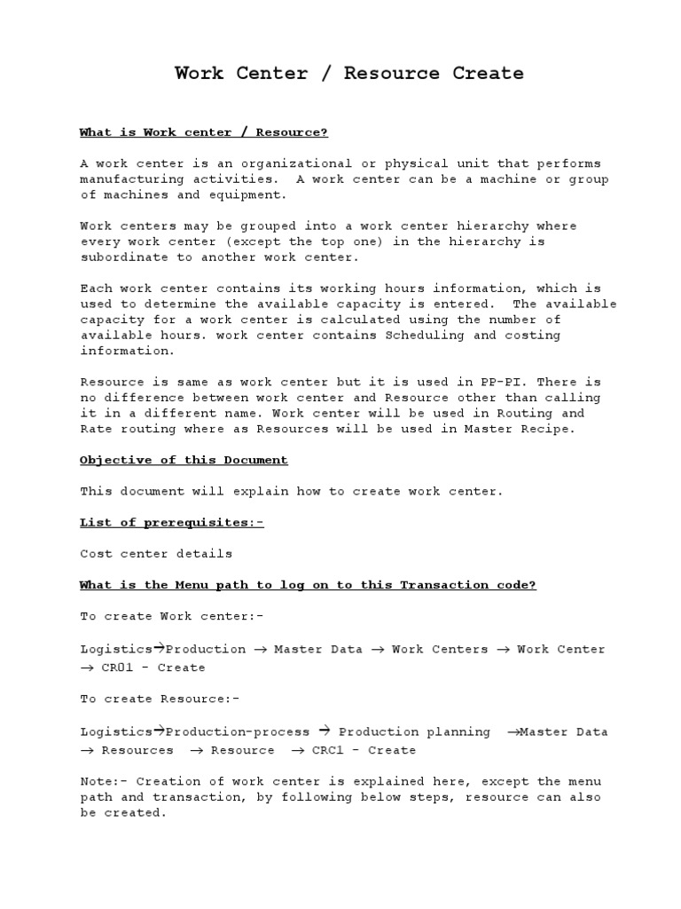 CR01-Work Center Create | PDF | Hierarchy | Computing