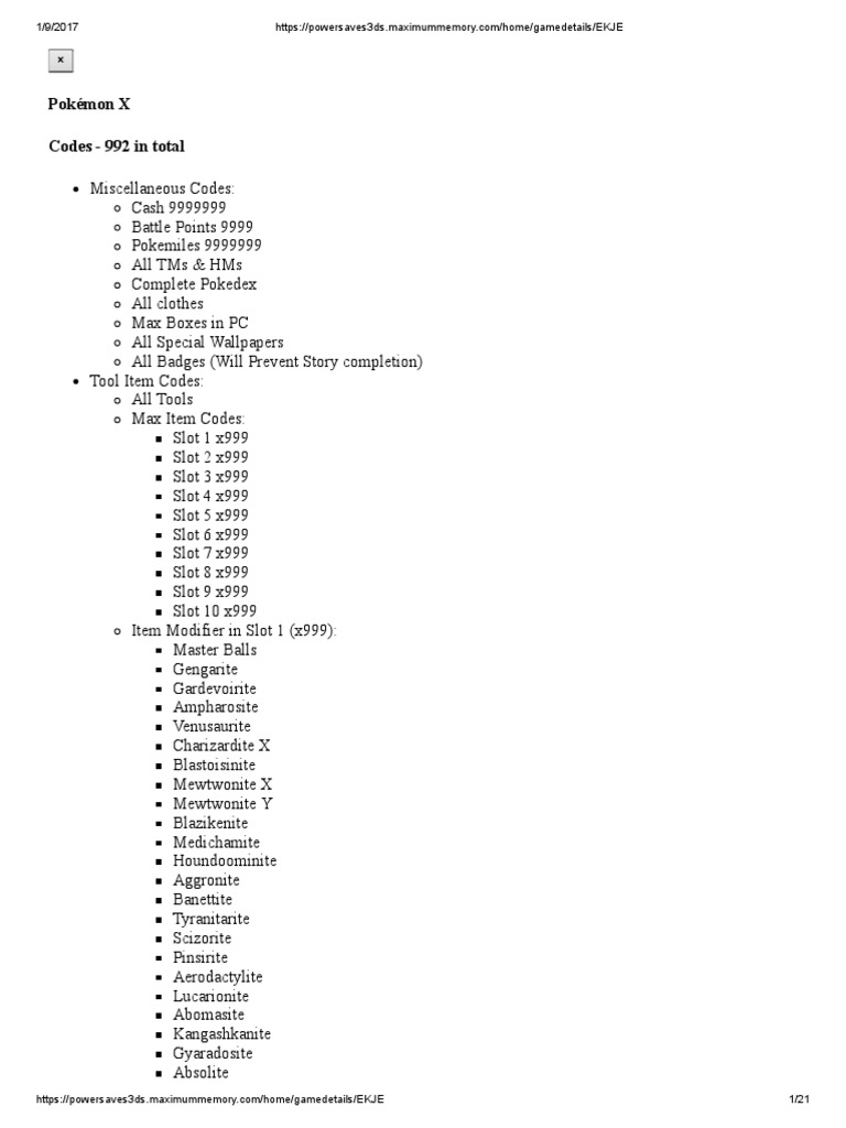 Pokemon X Codes for Items, Cash & Pokedex | PDF | Pokémon | Video Games