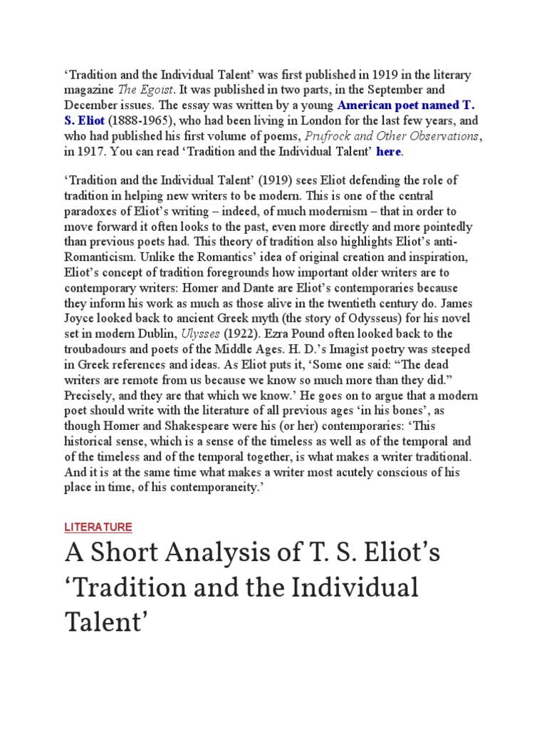 Tradition and The Individual Talent Eliot | Download Free PDF | T. S ...