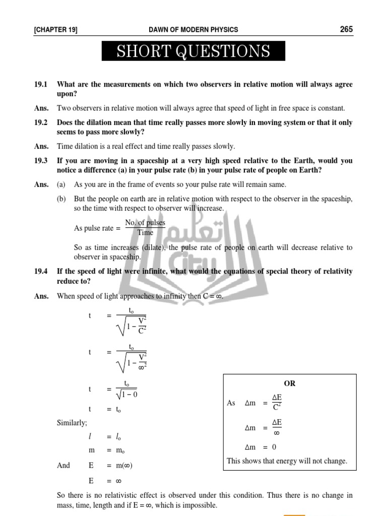Short Questions: (CHAPTER 19) Dawn of Modern Physics | Download Free ...
