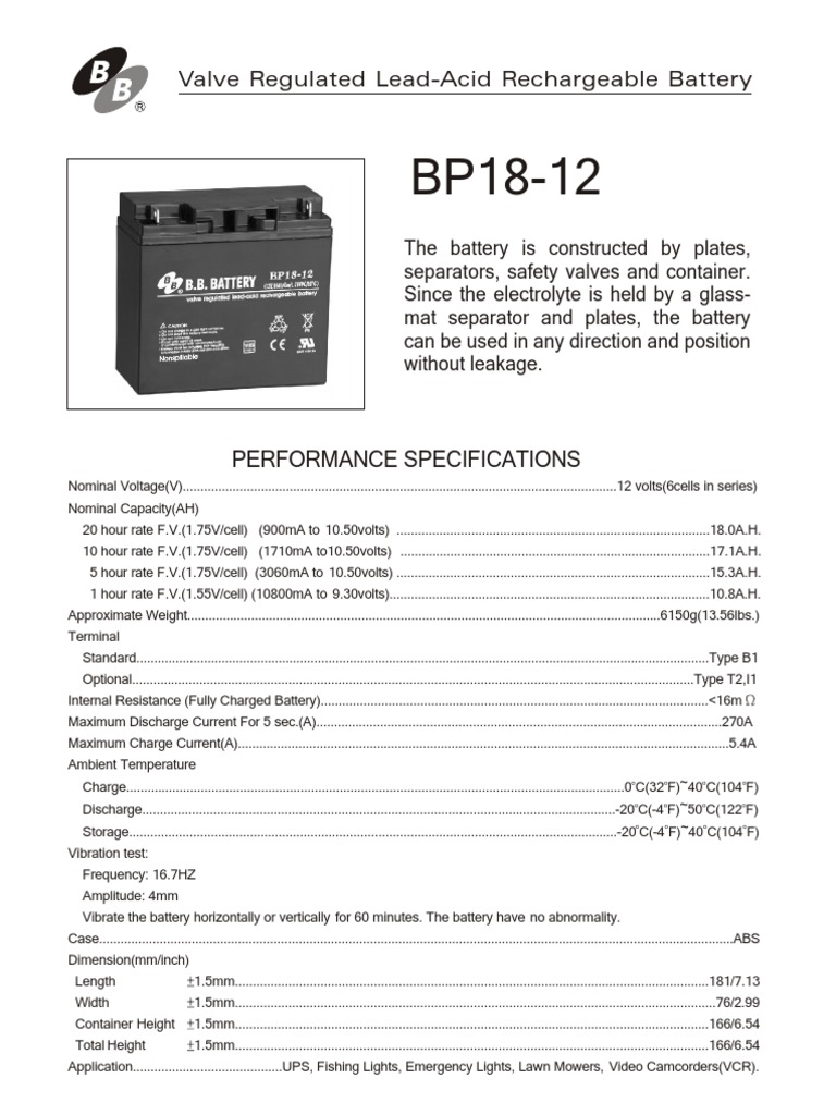 BP18 12 | PDF | Rechargeable Battery | Electric Power