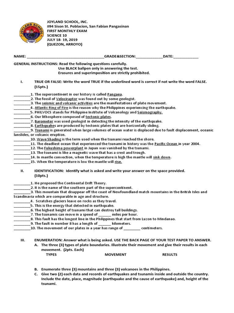 Jhs. Science 10. First Monthly Exam | PDF | Earthquakes | Plate Tectonics