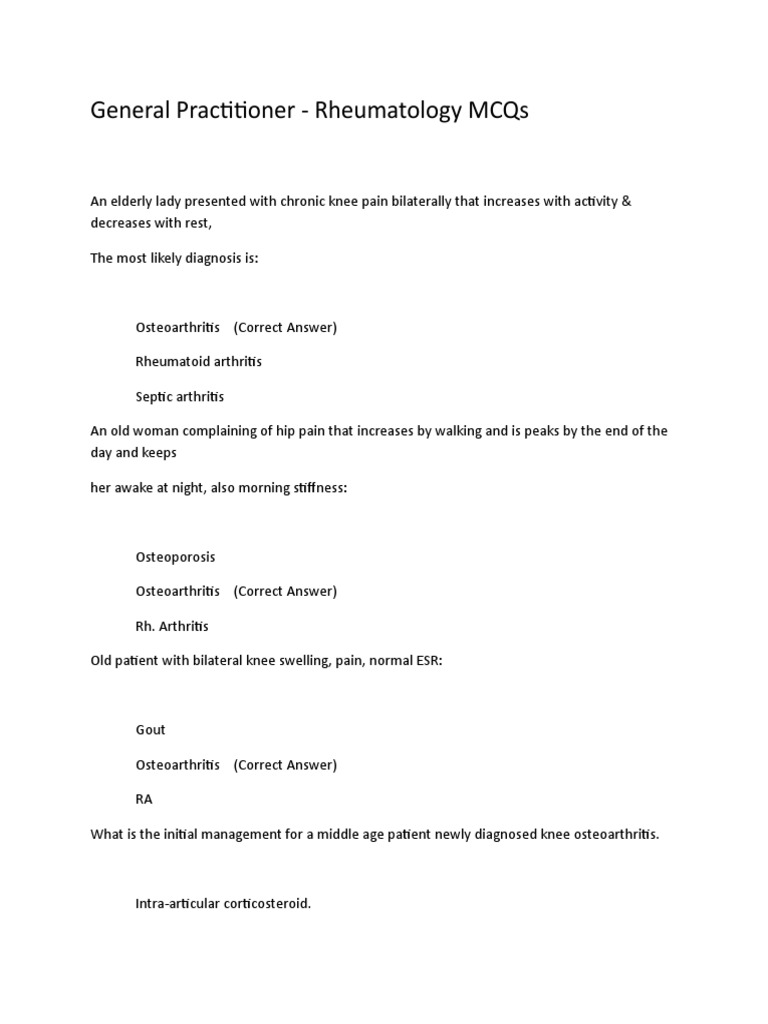 General Practitioner Rheumatology Mcqs Pdf Arthritis Rheumatoid