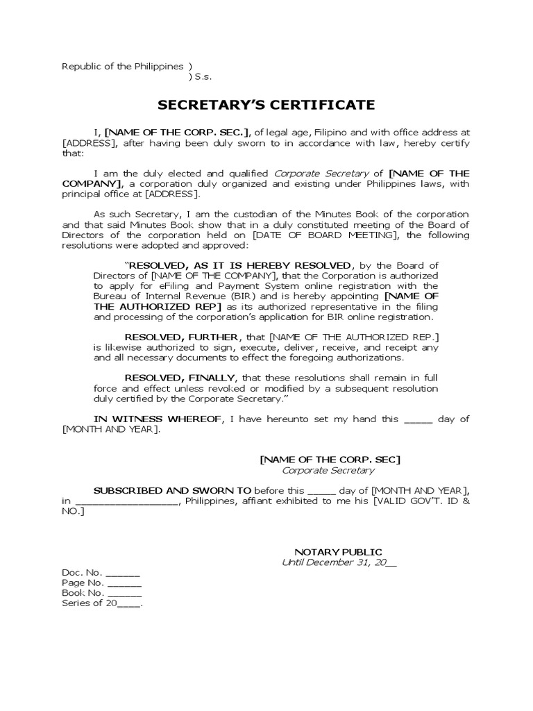 SEC CERT - BIR Online Registration - Format | PDF