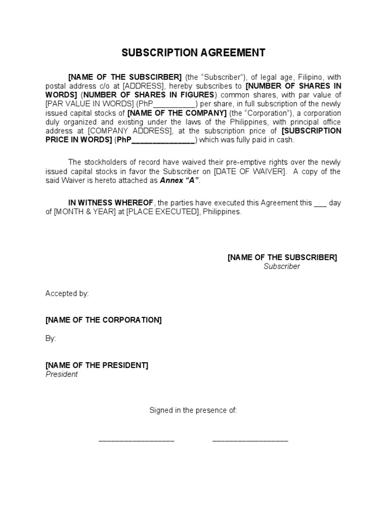 SUBSCRIPTION AGREEMENT With Waiver of Pre-Emptive Right - FORMAT | PDF ...