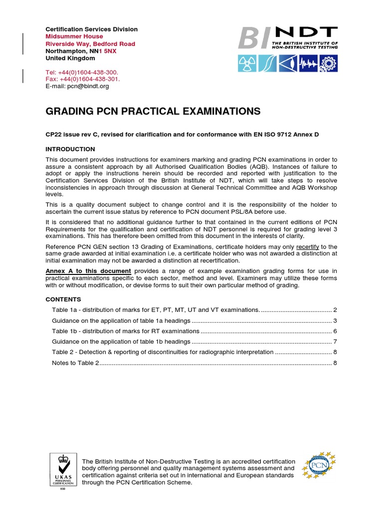 PCN Practical Exam Grading Guide | PDF | Nondestructive Testing ...