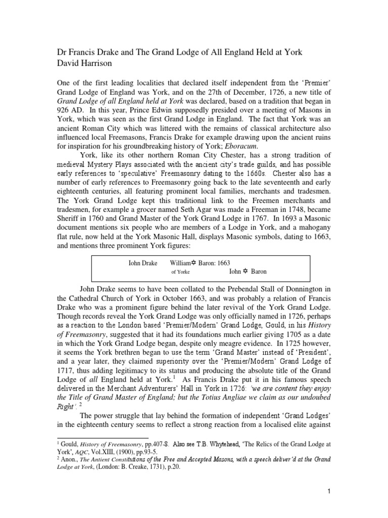DR Francis Drake and The Grand Lodge of | PDF | Freemasonry | Masonic Lodge
