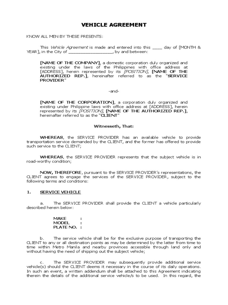 VEHICLE AGREEMENT - Format | PDF | Breach Of Contract | Lease