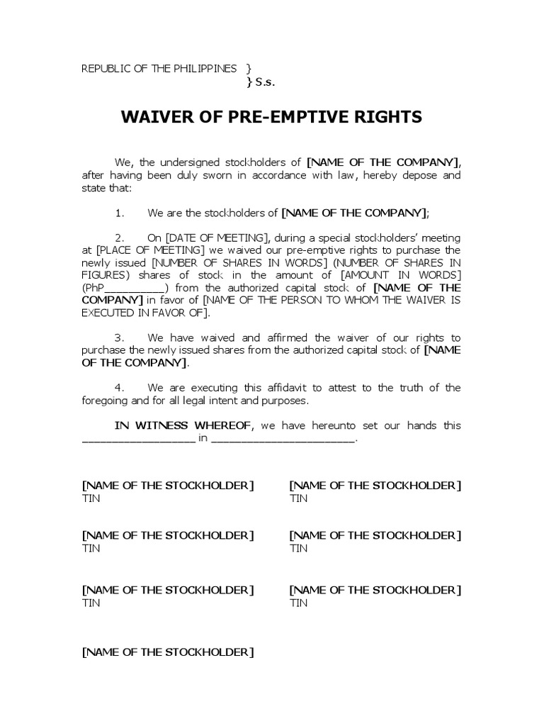 Waiver of Pre-Emptive Rights | PDF