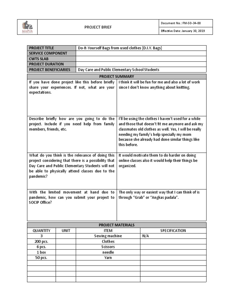 Project Brief: Project Title Service Component Cwts Slab Project Duration Project Beneficiaries ...