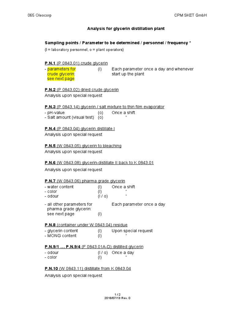 Analysis For Glycerin Distillation Plant: 065 Oleocorp CPM Sket GMBH ...