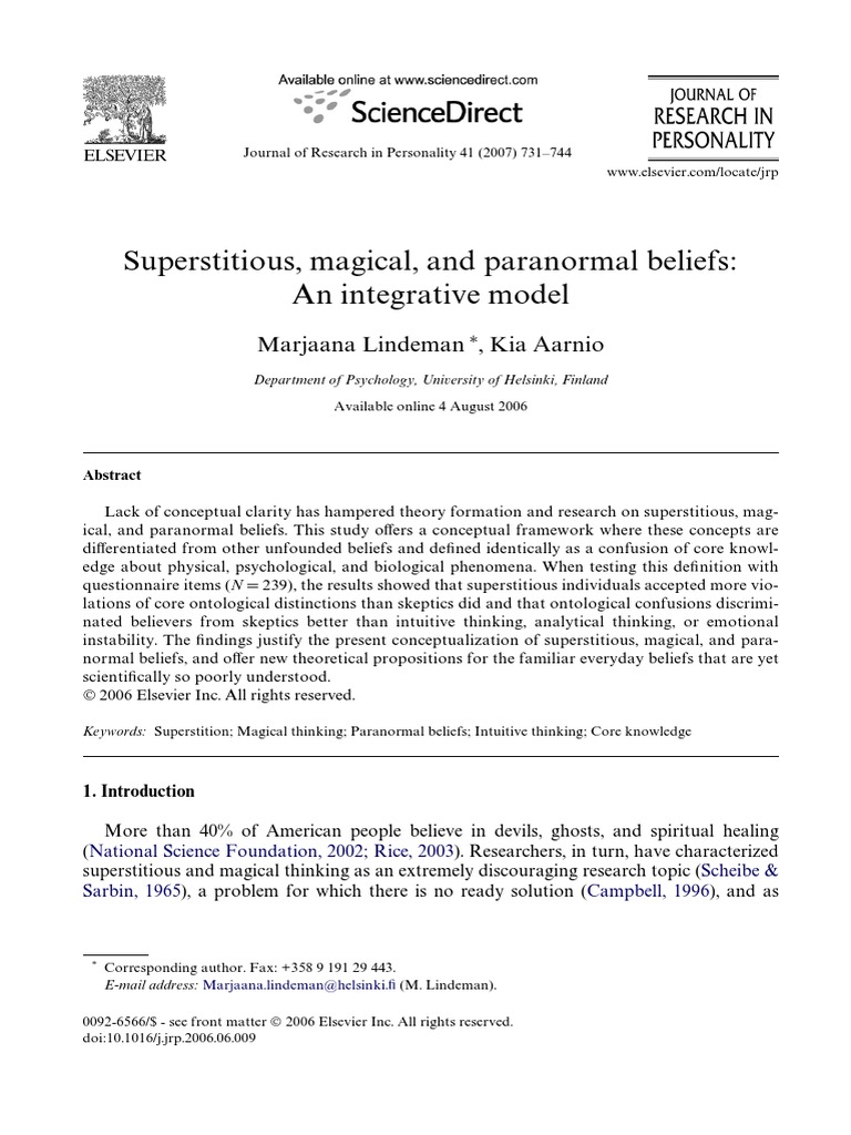Superstitious, Magical, and Paranormal Beliefs: An Integrative Model ...