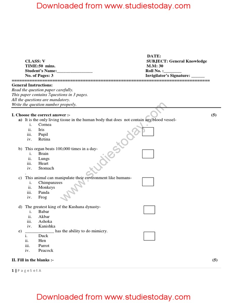 General Knowledge Practice Test for Class V Students | PDF | Nature