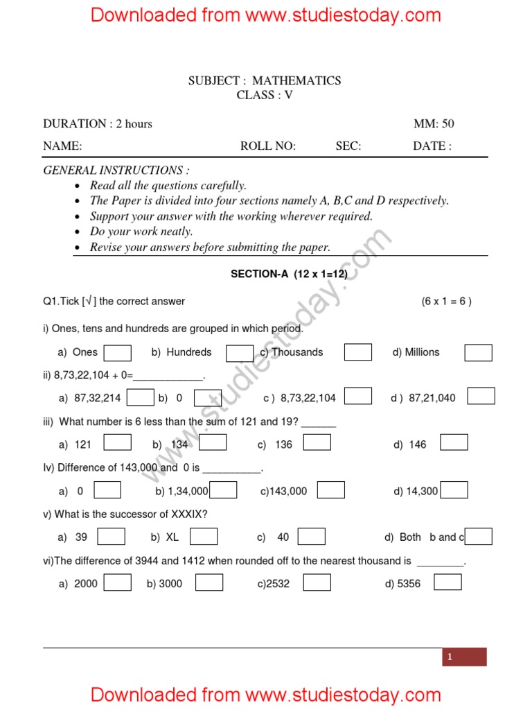 CBSE Class 5 Mathematics Question Paper Set E | PDF | Mathematical ...