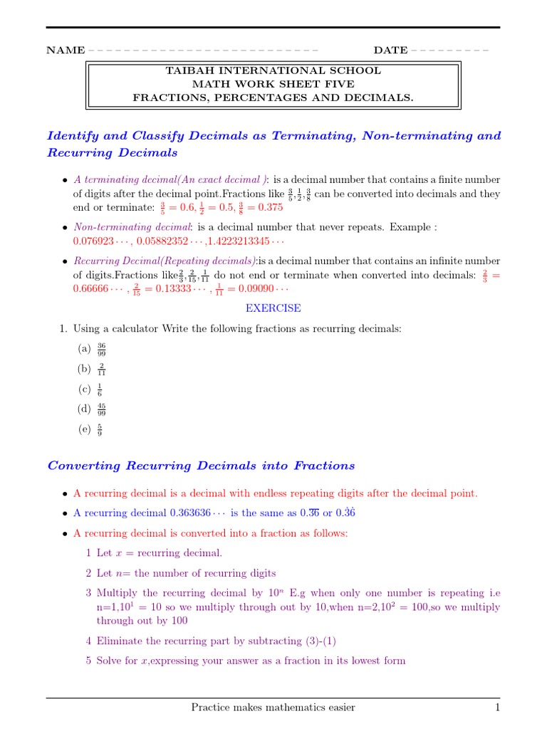 Recurring Decimals Pdf Decimal Fraction Mathematics