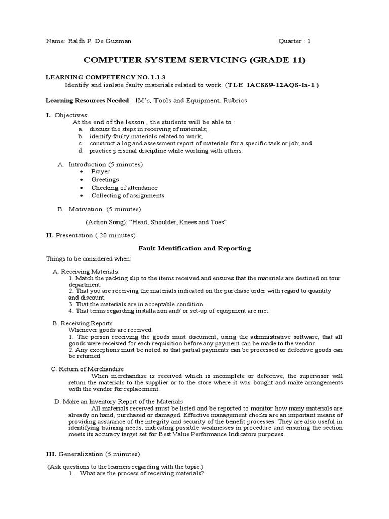 Computer System Servicing (Grade 11) : I. Objectives | PDF | Rubric ...