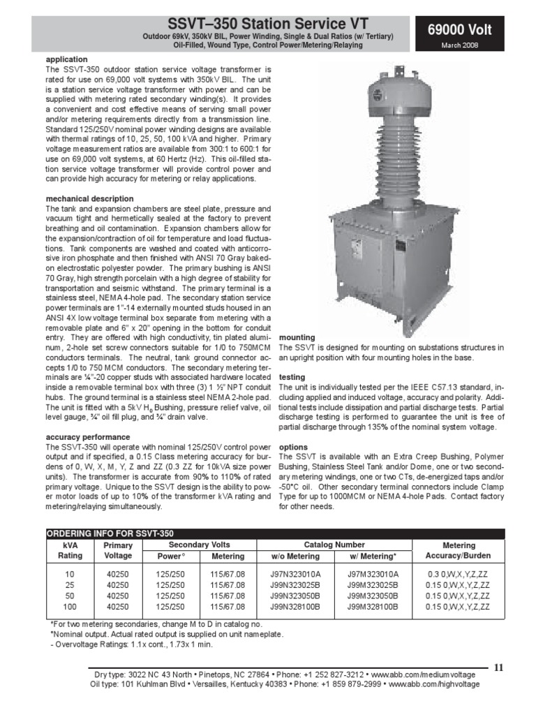 SSVT-350 Station Service VT: 69000 Volt | PDF | Transformer | Electricity