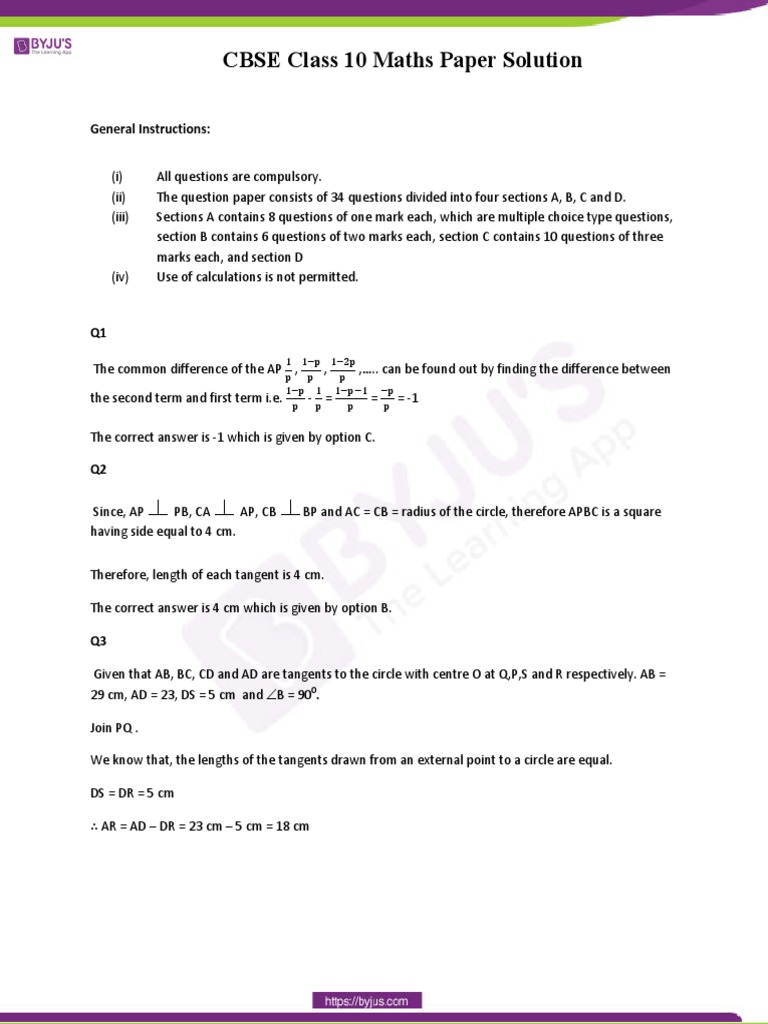 CBSE Class 10 Maths Paper Solution: General Instructions | PDF | Circle ...