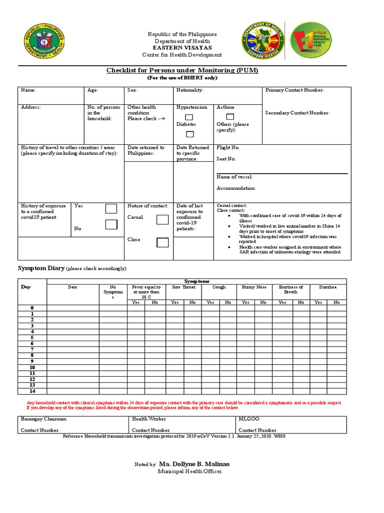 Checklist For Persons Under Monitoring (PUM) : Eastern Visayas | PDF ...