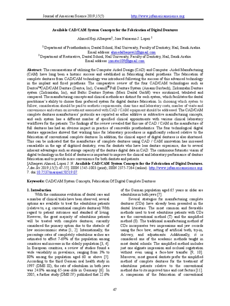Available CAD-CAM System Concepts For The Fabrication of Digital Dentures | PDF | Dentures | 3 D ...