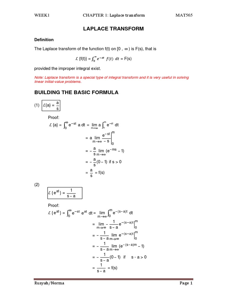 Week1 Laplace Transform MAT565 | PDF | Harmonic Analysis | Laplace ...