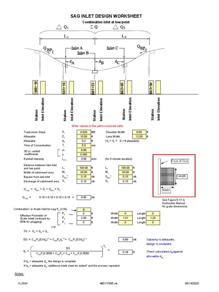 Sag Inlet Design Worksheet: Combination Inlet at Low Point | PDF ...