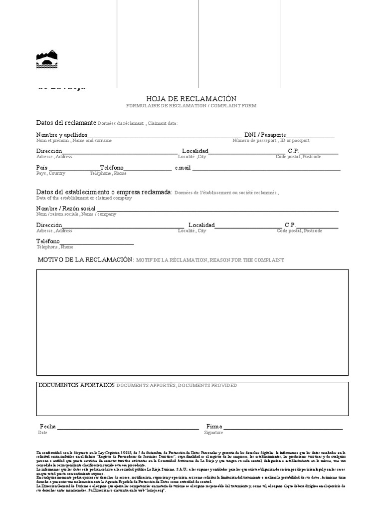 Gobierno de La Rioja: Hoja de Reclamación | PDF | Privacidad de la información | Instituciones ...
