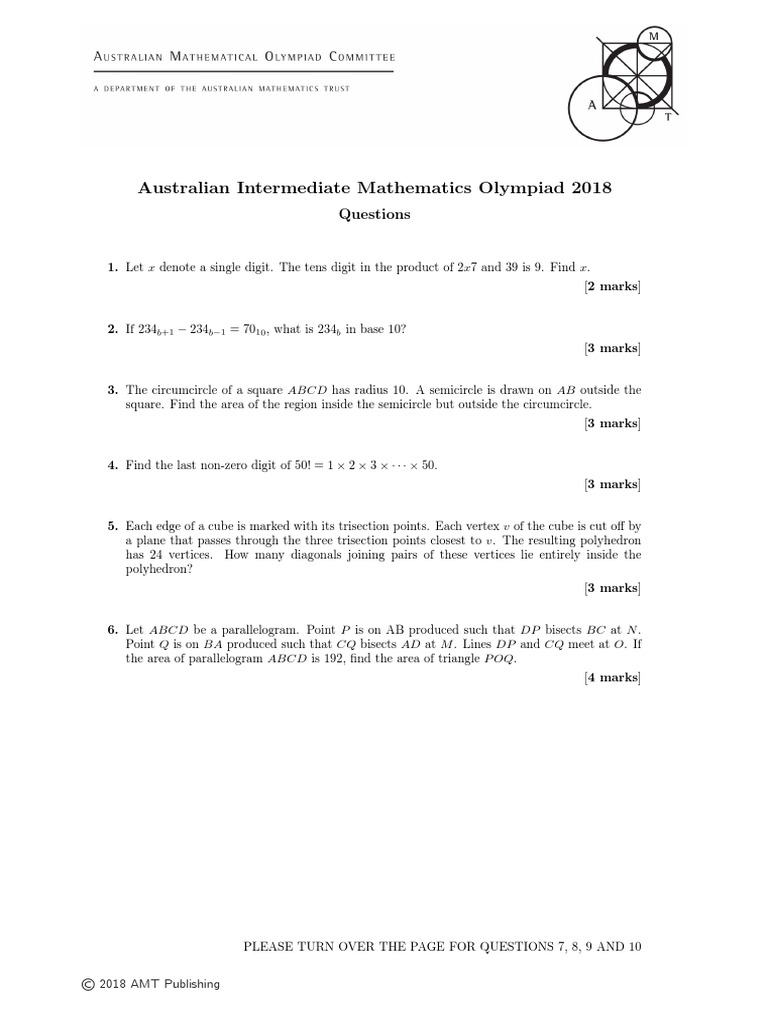 2018 AIMO Paper Solutions v2019 Web | PDF | Vertex (Geometry) | Area