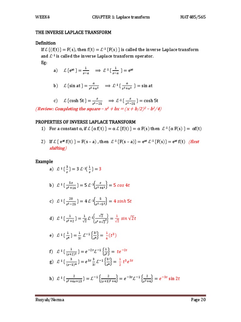 (Review: Completing The Square - X + BX (X + b/2) - B /4) : Week4 CHAPTER 1: Laplace Transform ...