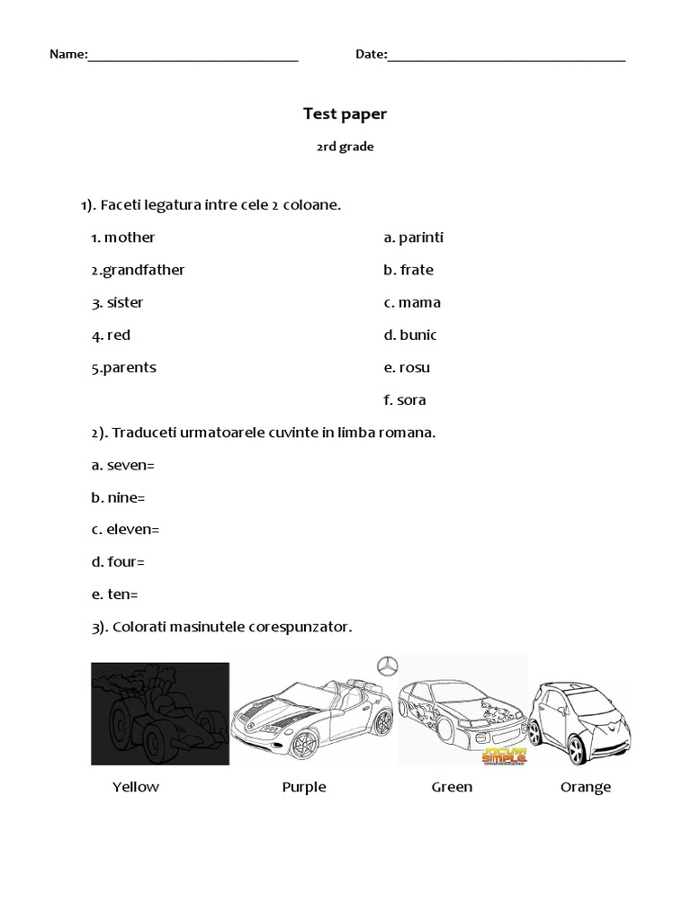 2nd Grade English-Romanian Test Paper | PDF | Language Arts ...
