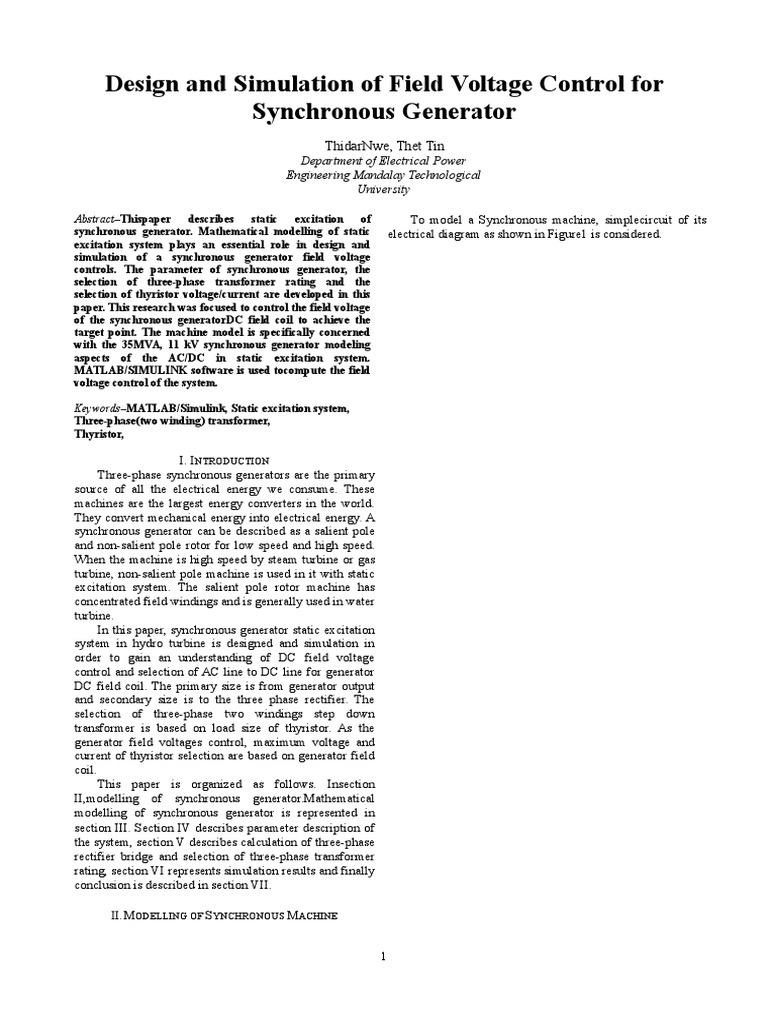 Design and Simulation of Field Voltage Control For Synchronous ...