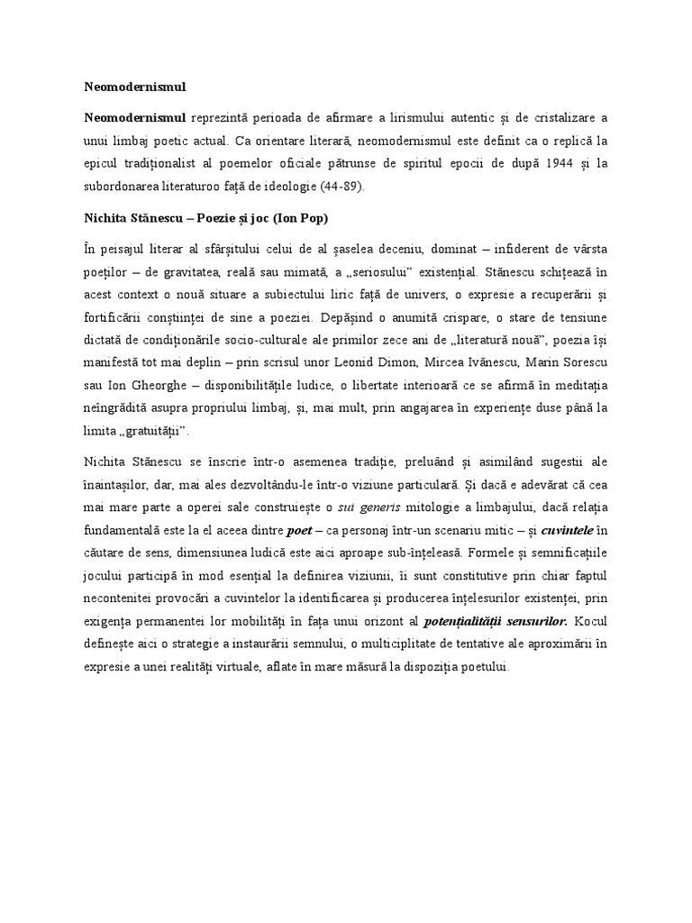 Nichita Stanescu Neomodernismul | PDF