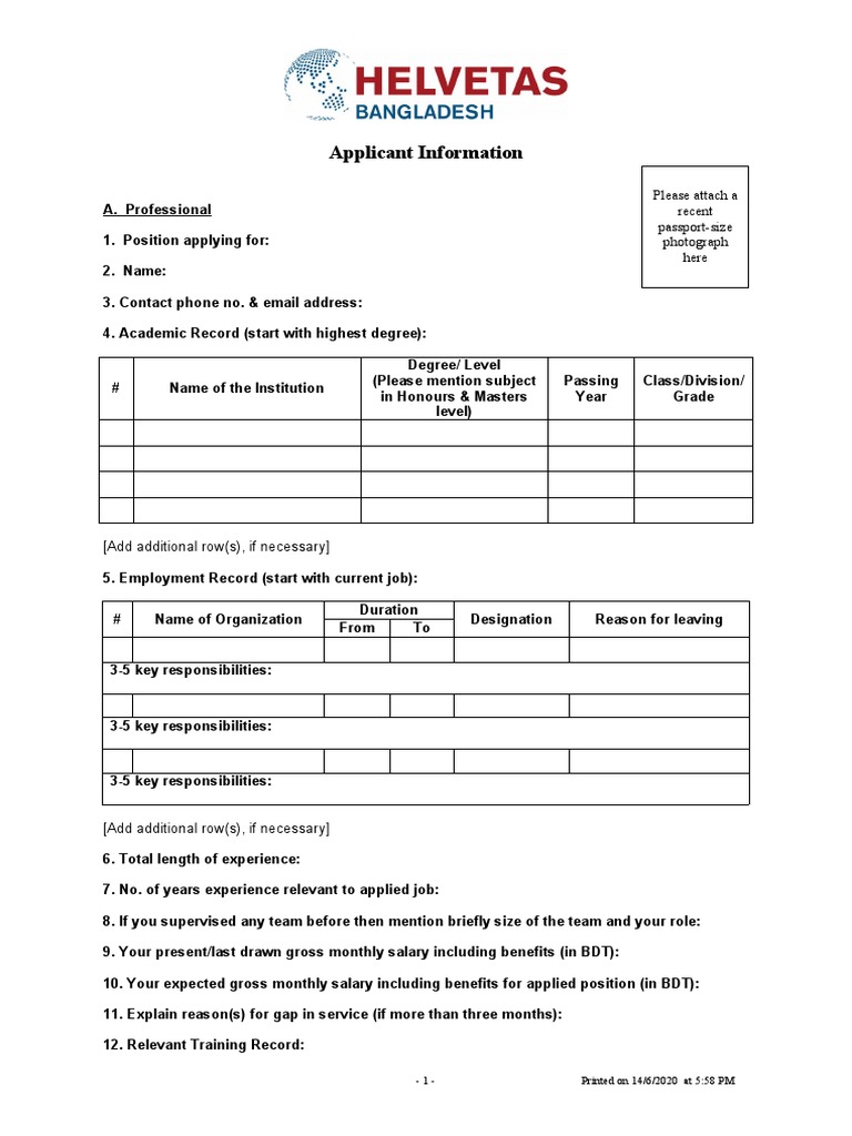Applicant Information: Please Attach A Recent Passport-Size Photograph ...