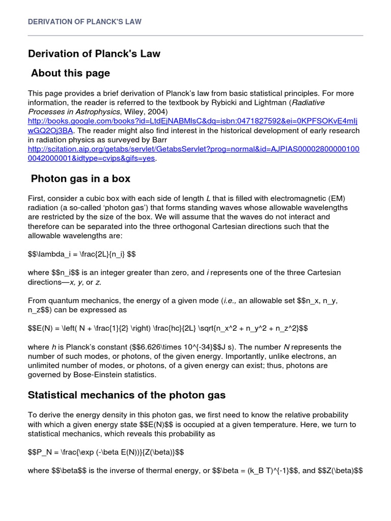 Derivation of Planck's Law About This Page: Processes in Astrophysics ...
