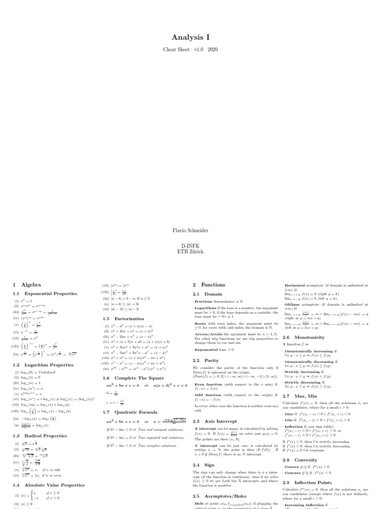 Analysis I Cheatsheet PDF | PDF | Trigonometric Functions | Sine