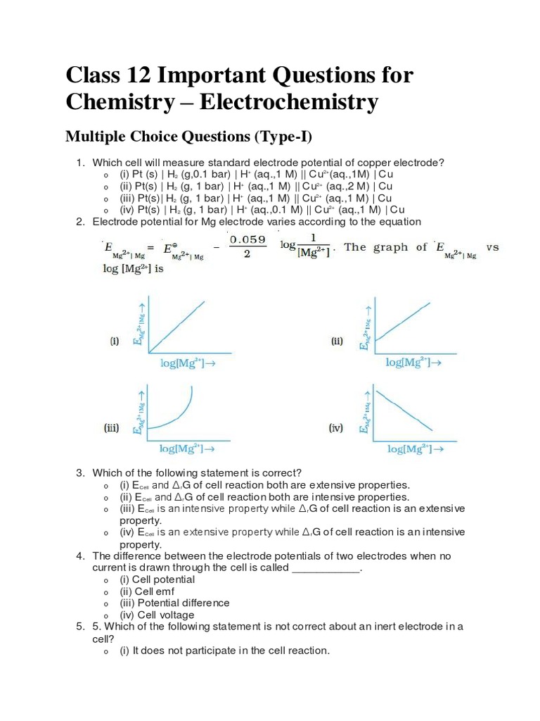 Class 12 Important Questions For Chemistry - Electrochemistry PDF | PDF ...