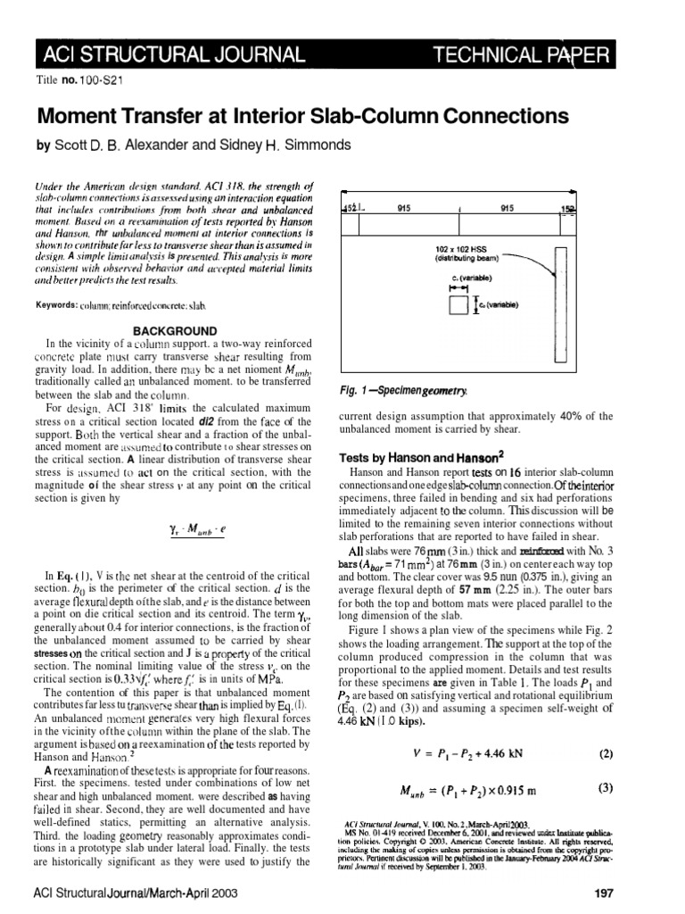 Moment Transfer at Interior Slab-Column Connections: D. B. Alexander ...