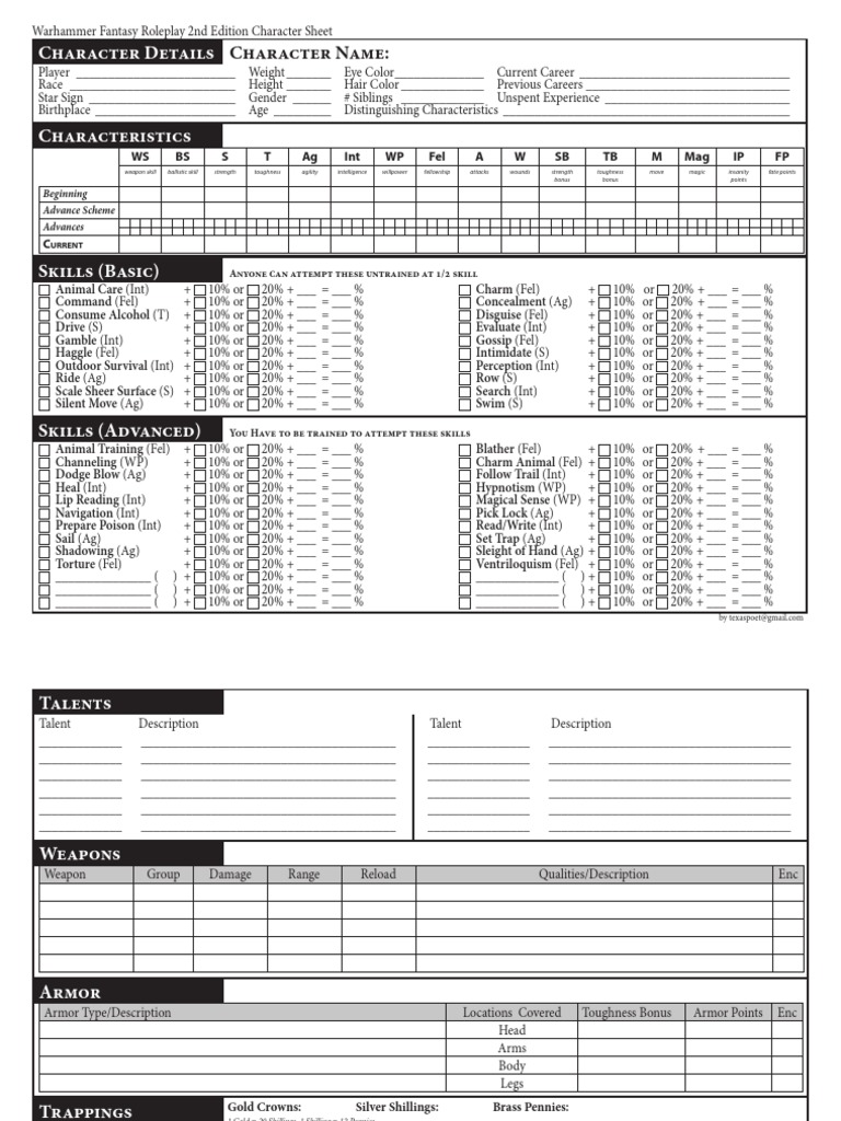 WHFRP2e Intro Character Sheet 3.0 | PDF | Leisure | Sports