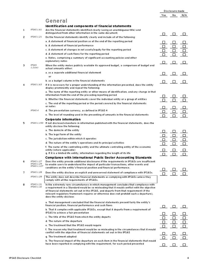 IPSAS 1 Disclosure Checklist | PDF | Equity (Finance) | Going Concern