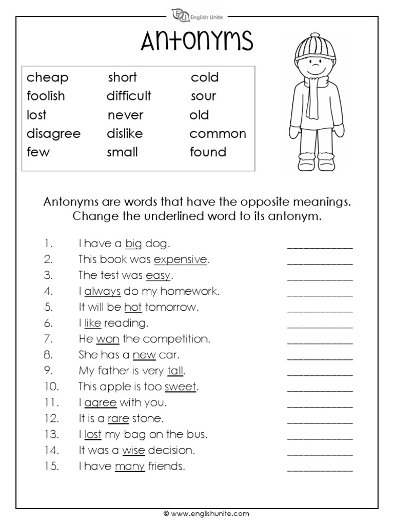 Antonyms Worksheet 1 | PDF