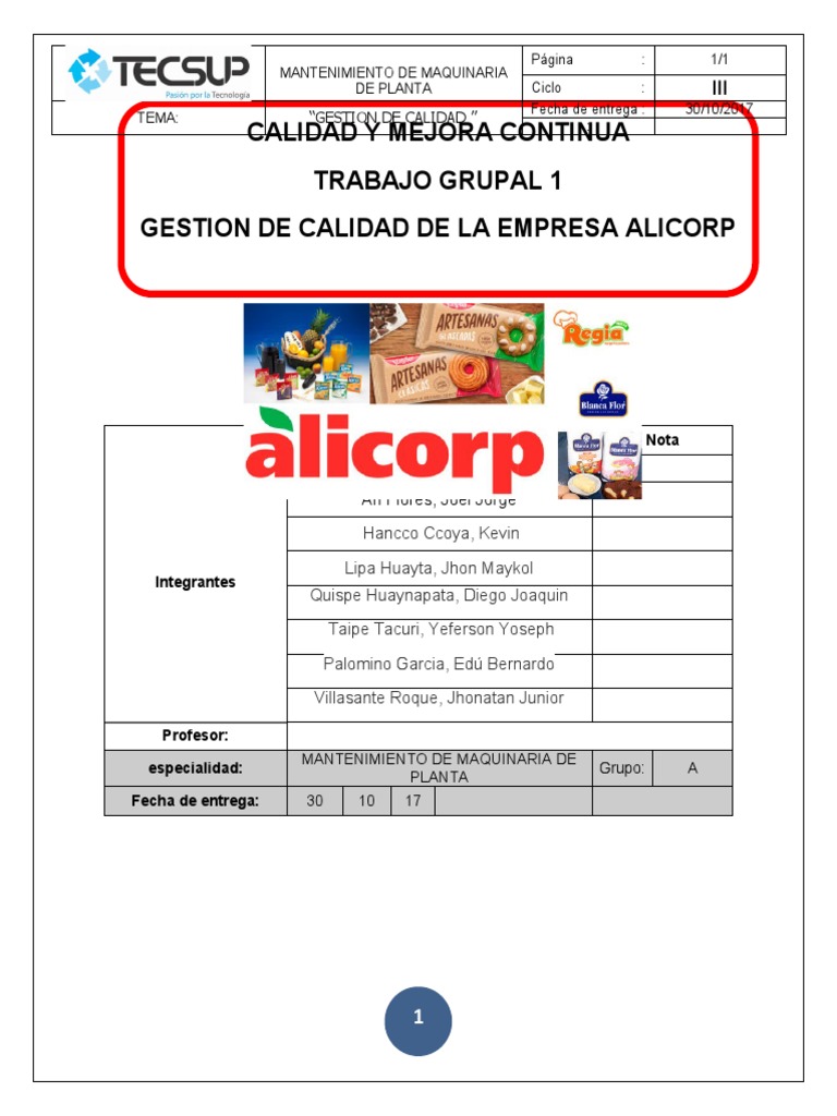 Gestion de Calidad Alicorp | Descargar gratis PDF | Calidad (comercial) | Alimentos