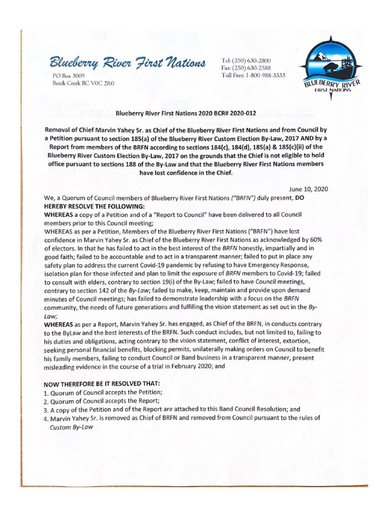 Blueberry River First Nation Band Council Resolution #2020-012 | PDF