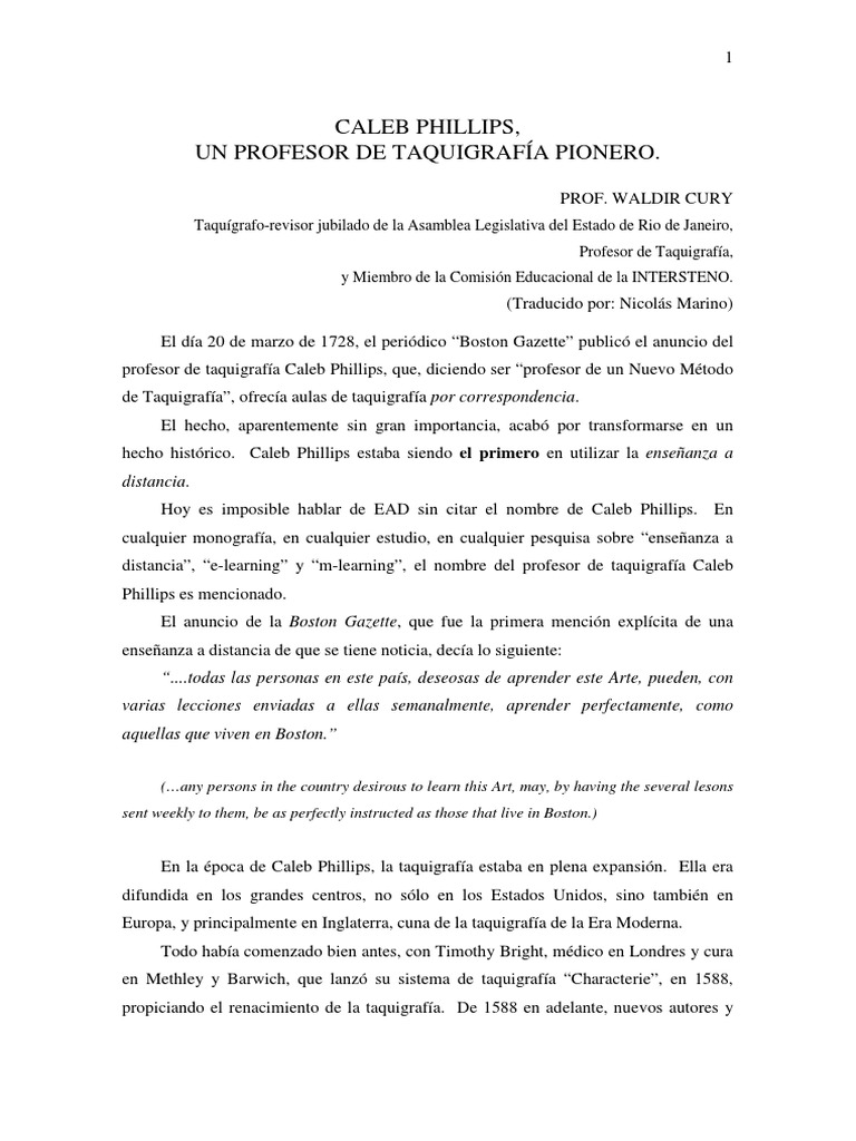 Caleb Phillips Um Professor de Taquigrafia Pioneiro Traduzido Espanhol | PDF | Taquigrafía ...
